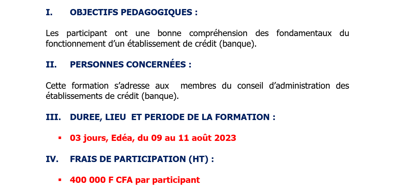 FORMATION DES ADMINISTRATEURS DES BANQUES SUR "LES FONDAMENTAUX DU ...